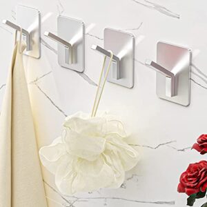 yayinli towel hooks - adhesive wall hooks for hanging coat robe towels hook, heavy duty hooks stick on bathroom bedroom kitchen, stainless steel rustproof shower hooks, 4 pack