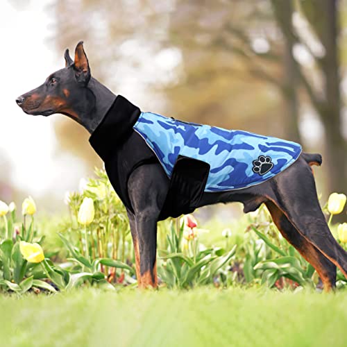 ALAGIRLS Reversible Dog Cold Weather Coat, Dog Winter Jacket Pet Apparel Outfit for Small Medium and Large Dogs, Warm Dog Winter Coat with Harness Hole, BlueCamo XXL