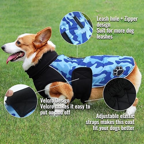 ALAGIRLS Reversible Dog Cold Weather Coat, Dog Winter Jacket Pet Apparel Outfit for Small Medium and Large Dogs, Warm Dog Winter Coat with Harness Hole, BlueCamo XXL