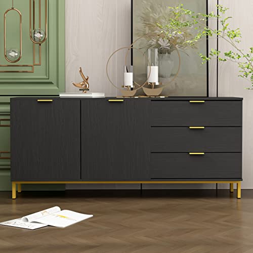 FUFU&GAGA Buffet Sideboard with 3 Drawers & 2 Doors Storage, Buffet Cabinet Sideboard Credenza Coffee Bar Cabinet, Metal Legs, for Dining Room and Living Room (62.9”W x 15.7”D x 27.5”H) (Black)