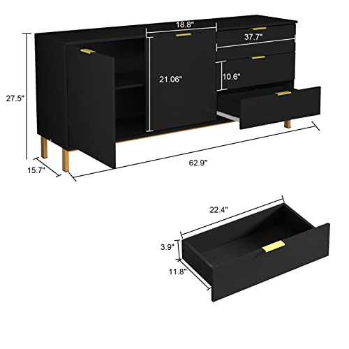 FUFU&GAGA Buffet Sideboard with 3 Drawers & 2 Doors Storage, Buffet Cabinet Sideboard Credenza Coffee Bar Cabinet, Metal Legs, for Dining Room and Living Room (62.9”W x 15.7”D x 27.5”H) (Black)