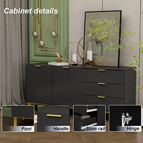 FUFU&GAGA Buffet Sideboard with 3 Drawers & 2 Doors Storage, Buffet Cabinet Sideboard Credenza Coffee Bar Cabinet, Metal Legs, for Dining Room and Living Room (62.9”W x 15.7”D x 27.5”H) (Black)