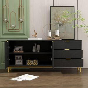 FUFU&GAGA Buffet Sideboard with 3 Drawers & 2 Doors Storage, Buffet Cabinet Sideboard Credenza Coffee Bar Cabinet, Metal Legs, for Dining Room and Living Room (62.9”W x 15.7”D x 27.5”H) (Black)