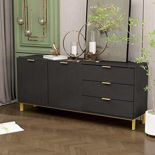 FUFU&GAGA Buffet Sideboard with 3 Drawers & 2 Doors Storage, Buffet Cabinet Sideboard Credenza Coffee Bar Cabinet, Metal Legs, for Dining Room and Living Room (62.9”W x 15.7”D x 27.5”H) (Black)