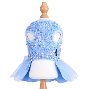 Dog Sweater Dress for Small Dogs Girl Fall Winter Fleece Warm Puppy Dresses Clothes Outfit Apparel Cute Sequins Bowknot Pet Skirt for Cats Holiday Doggie Wedding Dress Coats (X-Small, Blue)