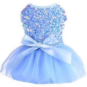 Dog Sweater Dress for Small Dogs Girl Fall Winter Fleece Warm Puppy Dresses Clothes Outfit Apparel Cute Sequins Bowknot Pet Skirt for Cats Holiday Doggie Wedding Dress Coats (X-Small, Blue)