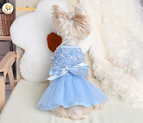 Dog Sweater Dress for Small Dogs Girl Fall Winter Fleece Warm Puppy Dresses Clothes Outfit Apparel Cute Sequins Bowknot Pet Skirt for Cats Holiday Doggie Wedding Dress Coats (X-Small, Blue)