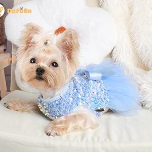 Dog Sweater Dress for Small Dogs Girl Fall Winter Fleece Warm Puppy Dresses Clothes Outfit Apparel Cute Sequins Bowknot Pet Skirt for Cats Holiday Doggie Wedding Dress Coats (X-Small, Blue)