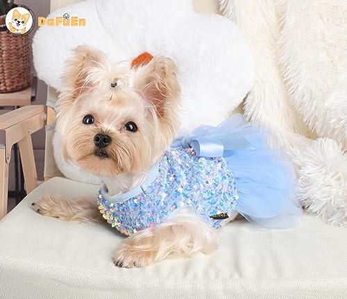 Dog Sweater Dress for Small Dogs Girl Fall Winter Fleece Warm Puppy Dresses Clothes Outfit Apparel Cute Sequins Bowknot Pet Skirt for Cats Holiday Doggie Wedding Dress Coats (X-Small, Blue)