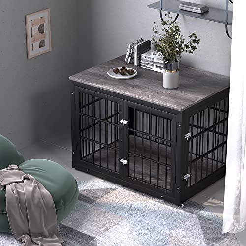 rehomerance Heavy Duty Dog Crate Furniture for Large and Medium Dogs, Decorative Pet House End Table, Wooden Cage Kennel Furniture Indoor, Gray