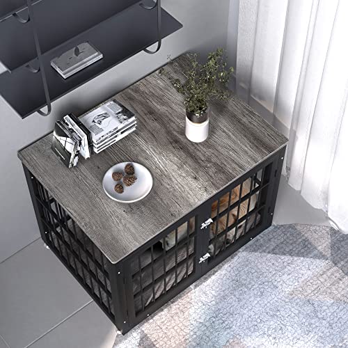 rehomerance Heavy Duty Dog Crate Furniture for Large and Medium Dogs, Decorative Pet House End Table, Wooden Cage Kennel Furniture Indoor, Gray