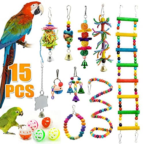 UGPLM 15Pcs Bird Toys Kit Chewing Toys with Bell Ball Bird Training Toys for Small Parakeets, Cockatiels, Budgies, Conures, Finches