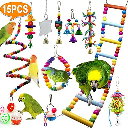 UGPLM 15Pcs Bird Toys Kit Chewing Toys with Bell Ball Bird Training Toys for Small Parakeets, Cockatiels, Budgies, Conures, Finches