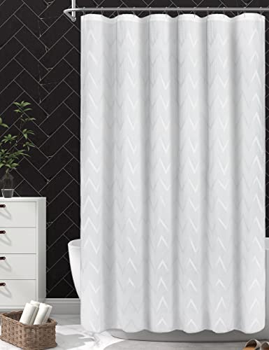 SUMGAR White Shower Curtain Waffle Weave Textured Soft Fabric Shower Curtains for Bathroom,Herringbone Jacquard Chevron Zig Zag Modern Boho Waterproof Shower Curtain Set with Hooks, 72" x 72"