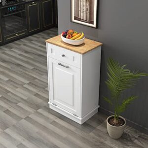 Goodyo Tilt Out Trash Bin Cabinet Kitchen Trash Can Wooden,Oak Top, White Free Standing w/Drawer