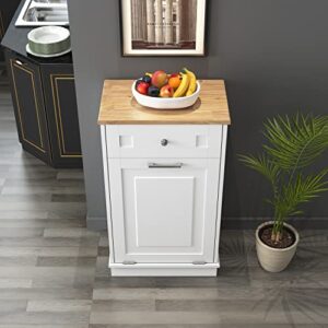 Goodyo Tilt Out Trash Bin Cabinet Kitchen Trash Can Wooden,Oak Top, White Free Standing w/Drawer