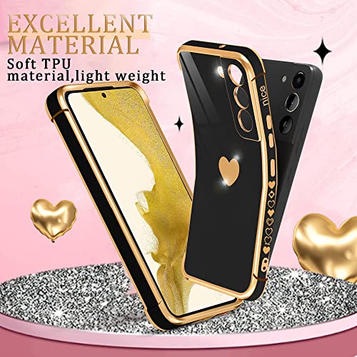 Atump Compatible with Samsung Galaxy S22 Case with HD Screen Protector Shockproof Protection, Love Heart Plating Girly Women Cute Soft TPU Luxury Elegant Case for Galaxy S22 5G Case, Black