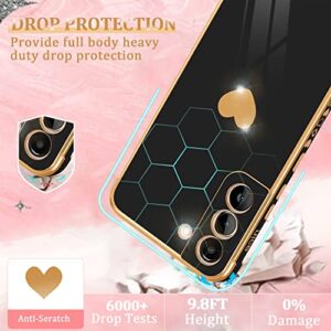 Atump Compatible with Samsung Galaxy S22 Case with HD Screen Protector Shockproof Protection, Love Heart Plating Girly Women Cute Soft TPU Luxury Elegant Case for Galaxy S22 5G Case, Black