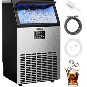 Silonn Commercial Ice Maker Machine, 90lbs/24H with 30lbs Bin, Full Heavy Duty Stainless Steel Construction, Self-Cleaning, Clear Cube for Home Bar, Include Connection Hose, Scoop