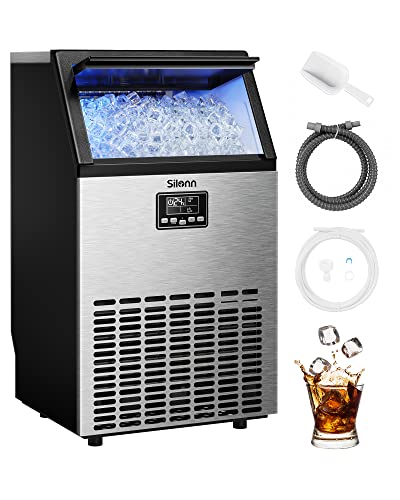 Silonn Commercial Ice Maker Machine, 90lbs/24H with 30lbs Bin, Full Heavy Duty Stainless Steel Construction, Self-Cleaning, Clear Cube for Home Bar, Include Connection Hose, Scoop