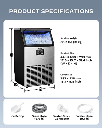 Silonn Commercial Ice Maker Machine, 90lbs/24H with 30lbs Bin, Full Heavy Duty Stainless Steel Construction, Self-Cleaning, Clear Cube for Home Bar, Include Connection Hose, Scoop