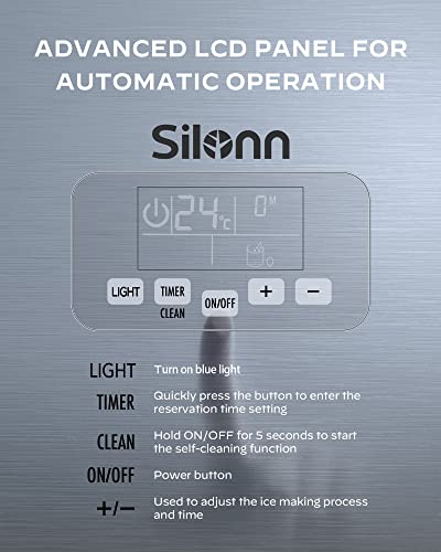 Silonn Commercial Ice Maker Machine, 90lbs/24H with 30lbs Bin, Full Heavy Duty Stainless Steel Construction, Self-Cleaning, Clear Cube for Home Bar, Include Connection Hose, Scoop