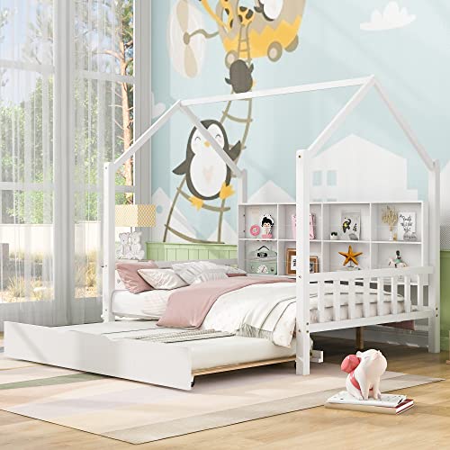 Merax Wood Full House Daybed with Trundle Bed Storage Shelf,Day Bed for Kids Boys Girls No Box Spring Needed White