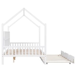 Merax Wood Full House Daybed with Trundle Bed Storage Shelf,Day Bed for Kids Boys Girls No Box Spring Needed White