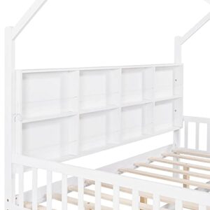 Merax Wood Full House Daybed with Trundle Bed Storage Shelf,Day Bed for Kids Boys Girls No Box Spring Needed White