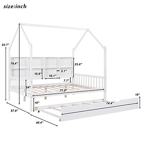 Merax Wood Full House Daybed with Trundle Bed Storage Shelf,Day Bed for Kids Boys Girls No Box Spring Needed White