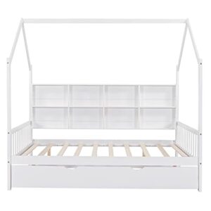 Merax Wood Full House Daybed with Trundle Bed Storage Shelf,Day Bed for Kids Boys Girls No Box Spring Needed White