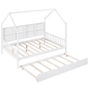 Merax Wood Full House Daybed with Trundle Bed Storage Shelf,Day Bed for Kids Boys Girls No Box Spring Needed White