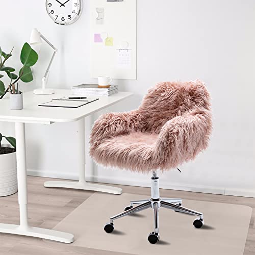 Pink Desk Chair Faux Fur Pink Office Chair Height Adjustable - Modern Cute Desk Chair Computer Chair Vanity Chair for Makeup Room, Fluffy Desk Chair with Wheels, Swivel Accent Chair for Bedroom Living