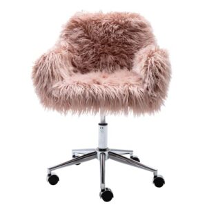 Pink Desk Chair Faux Fur Pink Office Chair Height Adjustable - Modern Cute Desk Chair Computer Chair Vanity Chair for Makeup Room, Fluffy Desk Chair with Wheels, Swivel Accent Chair for Bedroom Living