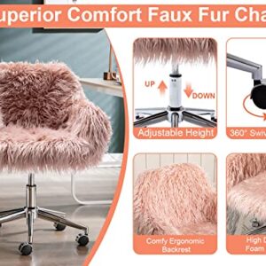 Pink Desk Chair Faux Fur Pink Office Chair Height Adjustable - Modern Cute Desk Chair Computer Chair Vanity Chair for Makeup Room, Fluffy Desk Chair with Wheels, Swivel Accent Chair for Bedroom Living