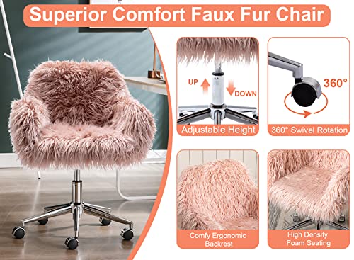 Pink Desk Chair Faux Fur Pink Office Chair Height Adjustable - Modern Cute Desk Chair Computer Chair Vanity Chair for Makeup Room, Fluffy Desk Chair with Wheels, Swivel Accent Chair for Bedroom Living