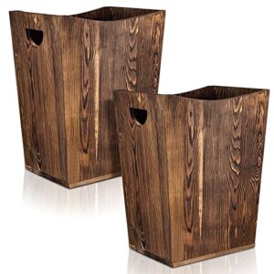 2 pcs wood trash can wastebasket office bin rustic wooden waste basket decorative trash bin small garbage can near desk bathroom trashcan garbage container bin with handle for kitchen bedroom, brown