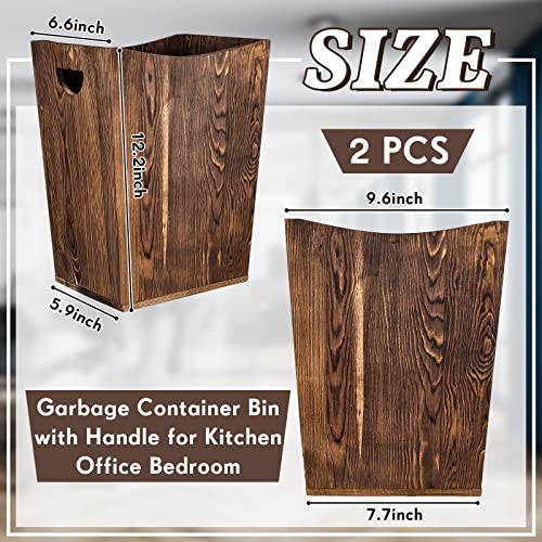 2 Pcs Wood Trash Can Wastebasket Office Bin Rustic Wooden Waste Basket Decorative Trash Bin Small Garbage Can Near Desk Bathroom Trashcan Garbage Container Bin with Handle for Kitchen Bedroom, Brown