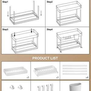 MERRYBOX Under Sink Organizers and Storage, Sliding Under Bathroom Cabinet Organizer, 2 Tier Kitchen Under Sink Organizer Pull Out Drawer with 4 Hooks, 1 Hanging Cup, 4 Non-Slip Feet, White, 1 Pack