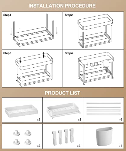 MERRYBOX Under Sink Organizers and Storage, Sliding Under Bathroom Cabinet Organizer, 2 Tier Kitchen Under Sink Organizer Pull Out Drawer with 4 Hooks, 1 Hanging Cup, 4 Non-Slip Feet, White, 1 Pack