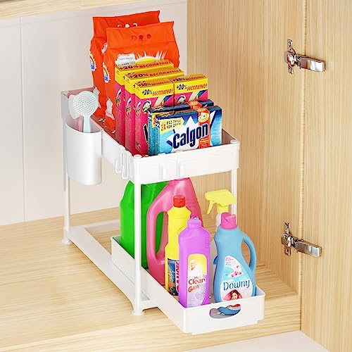 MERRYBOX Under Sink Organizers and Storage, Sliding Under Bathroom Cabinet Organizer, 2 Tier Kitchen Under Sink Organizer Pull Out Drawer with 4 Hooks, 1 Hanging Cup, 4 Non-Slip Feet, White, 1 Pack