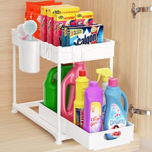 merrybox under sink organizers and storage, sliding under bathroom cabinet organizer, 2 tier kitchen under sink organizer pull out drawer with 4 hooks, 1 hanging cup, 4 non-slip feet, white, 1 pack