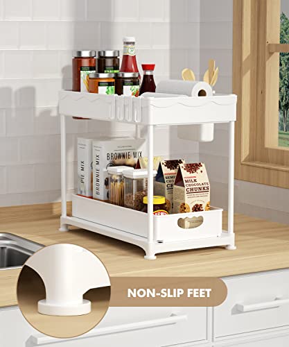 MERRYBOX Under Sink Organizers and Storage, Sliding Under Bathroom Cabinet Organizer, 2 Tier Kitchen Under Sink Organizer Pull Out Drawer with 4 Hooks, 1 Hanging Cup, 4 Non-Slip Feet, White, 1 Pack