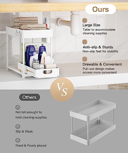 MERRYBOX Under Sink Organizers and Storage, Sliding Under Bathroom Cabinet Organizer, 2 Tier Kitchen Under Sink Organizer Pull Out Drawer with 4 Hooks, 1 Hanging Cup, 4 Non-Slip Feet, White, 1 Pack