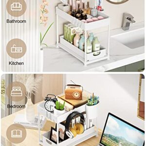 MERRYBOX Under Sink Organizers and Storage, Sliding Under Bathroom Cabinet Organizer, 2 Tier Kitchen Under Sink Organizer Pull Out Drawer with 4 Hooks, 1 Hanging Cup, 4 Non-Slip Feet, White, 1 Pack