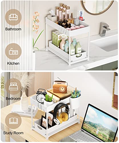 MERRYBOX Under Sink Organizers and Storage, Sliding Under Bathroom Cabinet Organizer, 2 Tier Kitchen Under Sink Organizer Pull Out Drawer with 4 Hooks, 1 Hanging Cup, 4 Non-Slip Feet, White, 1 Pack