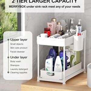 MERRYBOX Under Sink Organizers and Storage, Sliding Under Bathroom Cabinet Organizer, 2 Tier Kitchen Under Sink Organizer Pull Out Drawer with 4 Hooks, 1 Hanging Cup, 4 Non-Slip Feet, White, 1 Pack