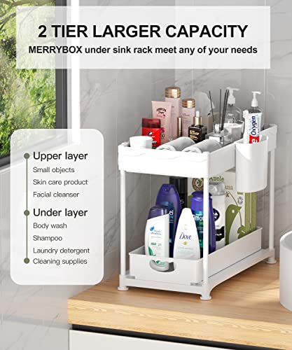 MERRYBOX Under Sink Organizers and Storage, Sliding Under Bathroom Cabinet Organizer, 2 Tier Kitchen Under Sink Organizer Pull Out Drawer with 4 Hooks, 1 Hanging Cup, 4 Non-Slip Feet, White, 1 Pack