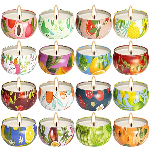 Fruit Scented Candles Set for Thanksgiving Christmas Gift, Soy Wax Stress Relief Aromatherapy Candles, Relaxation Gift Baskets for Women, Great Gift Ideal for House-Warming and Birthday-16 Pack