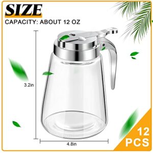 Set of 12 Honey Maple Syrup Dispenser 12 oz Glass Bottle Syrup Pitcher with Retracting Spout Syrup Containers for Restaurants Sugar Coffee Milk Creamer Condiment, 3.2 x 4.8 Inches